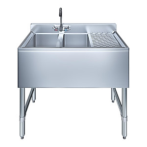 AmGood 2 Compartment Under Bar Sink With 12" Right Drainboard and Faucet - 36" X 18 3/4". NSF. Commercial Two Bowl Under Bar Sink