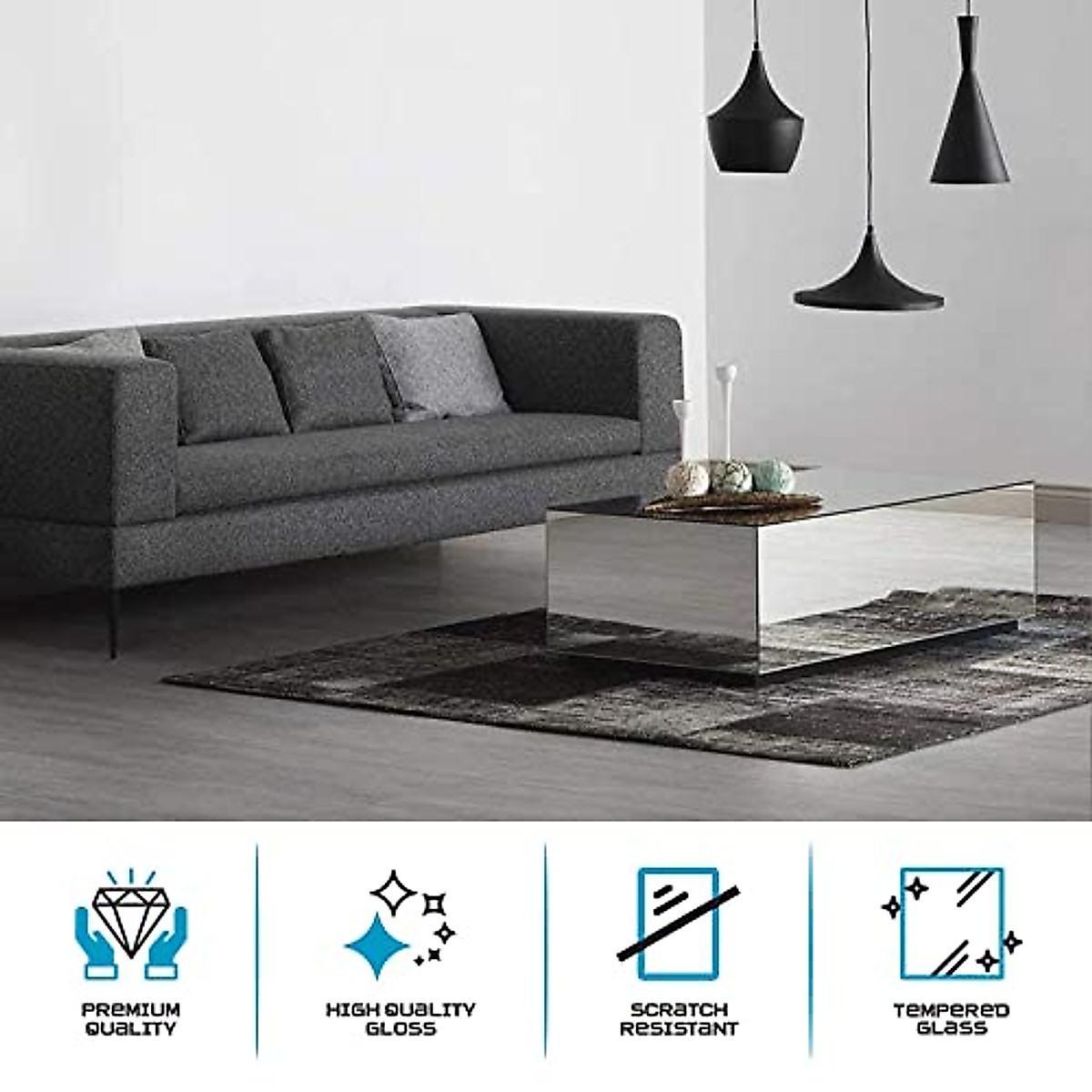 SONOROUS Premium Tempered Glass Coffee Table - Fingerprint Resistant Luxury Center Table for Living Room - High Gloss Coffee Table - Modern Rectangular Table Sleek Design - Mirror