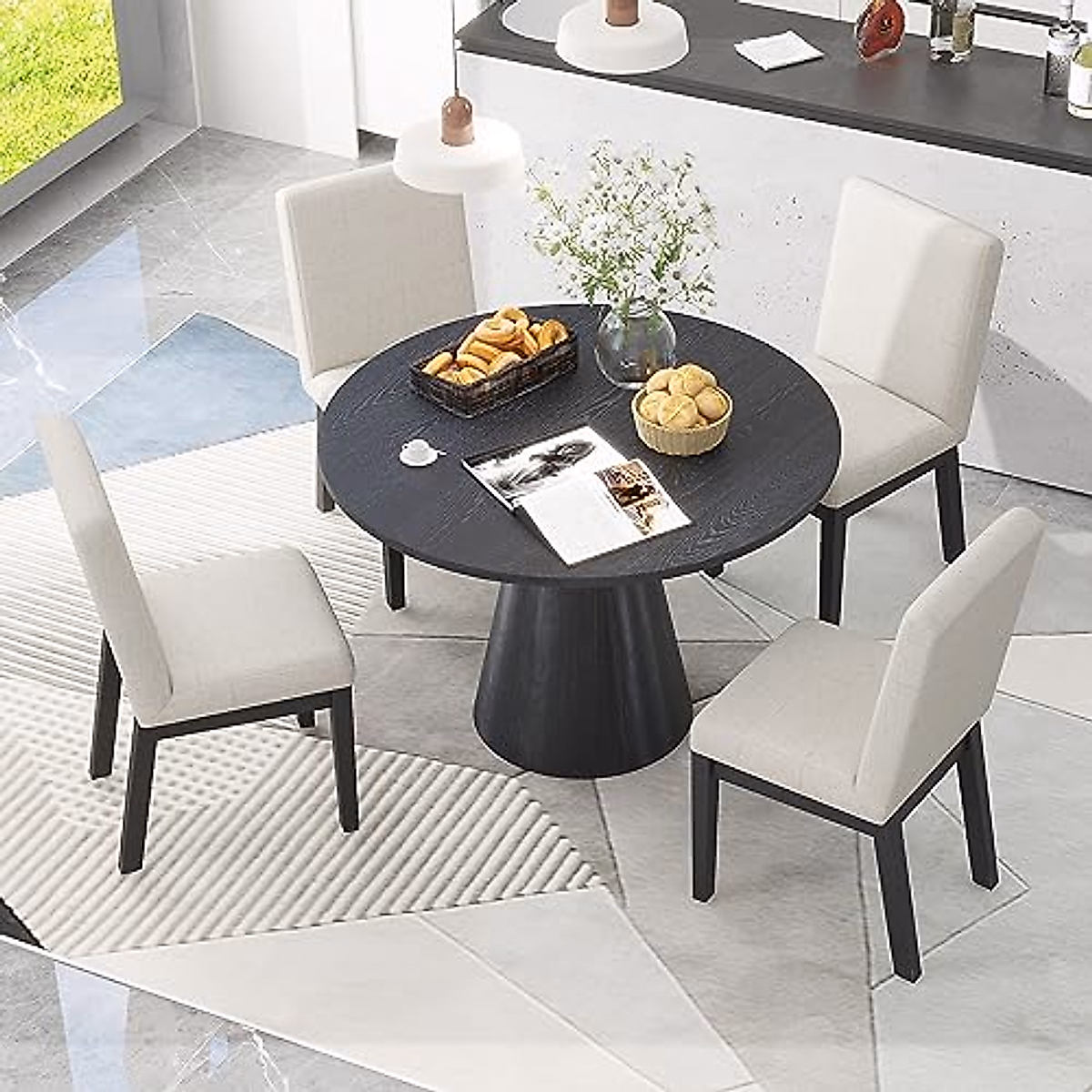HZXINKEDZSW Wood Round Dining Table Set for 4 Persons,Retro Style 5-Piece Kitchen Dining Set with 4 Linen Fabric Upholstered Chairs for Dining Room,Living Room,Black