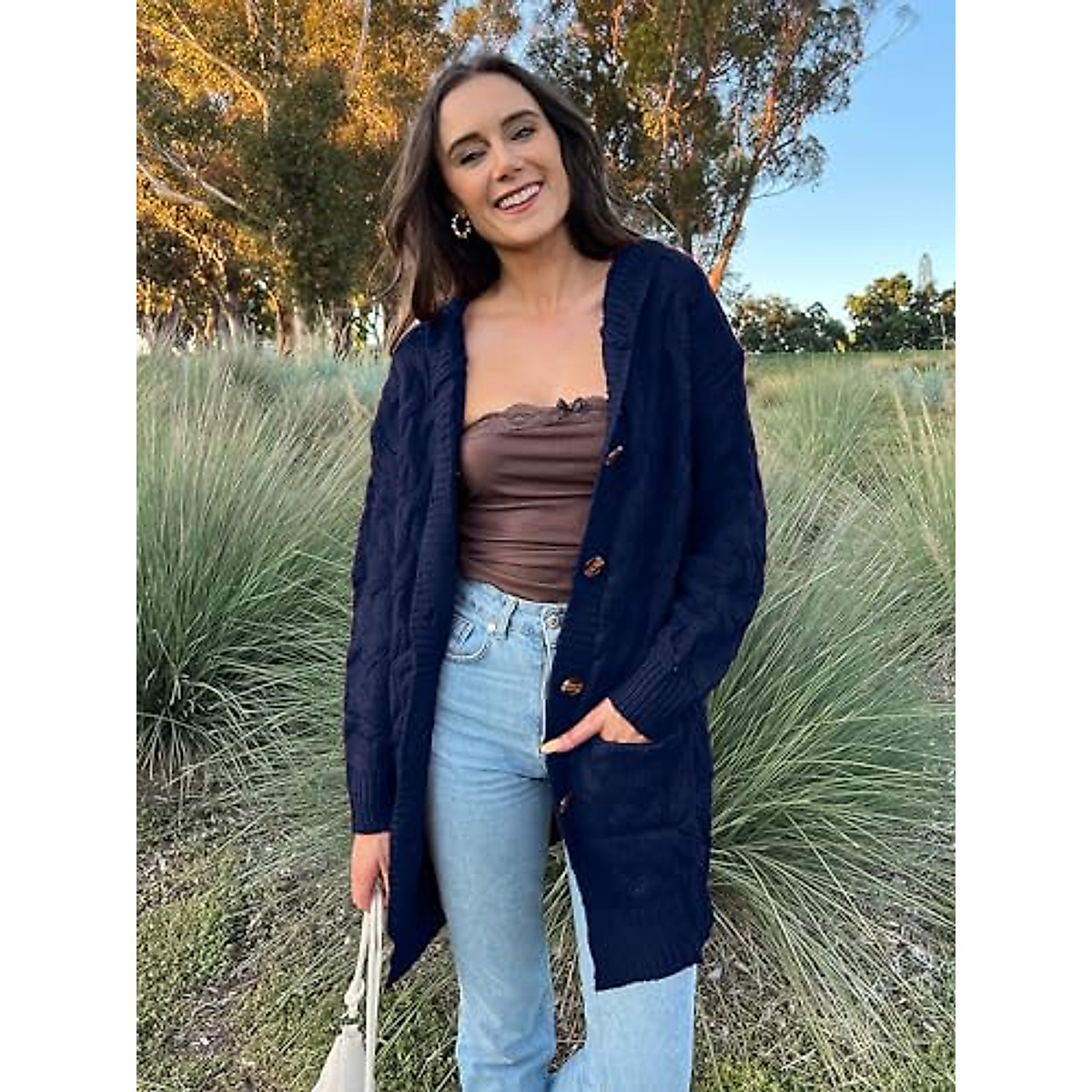 MASCOMODA Long Cable Knit Cardigans for Women 2024 Trendy Oversized Boyfriend Button Front Winter Sweater Coats with Pockets(Navy,Small)