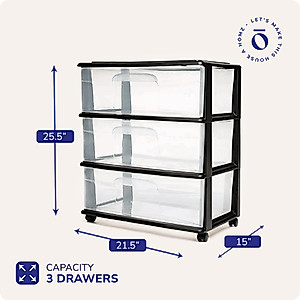 HOMZ Plastic 3 Drawer Wide Cart, Black Frame, Clear Drawers, 4 Casters included, Set of 1