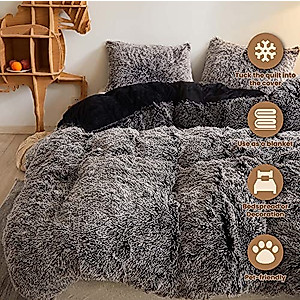 MEGO Luxury Shaggy Plush Duvet Cover Set, Soft 3 Pieces Fluffy Faux Fur Comforter Cover Set King Size, Fuzzy Velvet Bedding Set(1 Furry Duvet Cover + 2 Pillow Shams), Zipper Closure(King, Black Ombre)