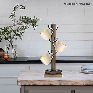 FABILE Coffee Mug Holder with 360 Degree Turn, Coffee Mug Tree, Rotated Solid Wooden Coffee Cup Holder Tree with 6 Metal Black Hooks, Mug Hanger for Kitchen Organizer (Walnut Color)