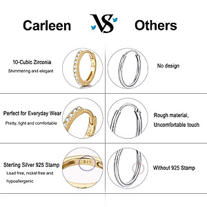 Carleen Gold Hoop Earrings 14K Gold Plated 925 Sterling Silver Hoop Earrings Round Cut Cubic Zirconia CZ Simulated Diamond Small Hinged Cartilage Earrings for Women Valentines Day Gift, 13mm