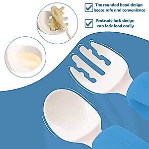 HIWOOD Baby Self Feeding Training Spoon and Fork Set with Travel Case, BPA-Free Cute Circle Toddler Training Utensils, Silicone/ABS Great Tableware Set Spoons Fork for Kids(Blue)