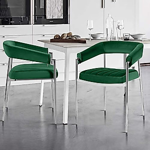 Bekrvio Velvet Arm Dining Chairs Kitchen Dining Room Chairs with Armrest, Mid Century Modern Living Room Armchair Accent Chairs Upholstered Kitchen Chairs with Metal Chrome Legs, Green