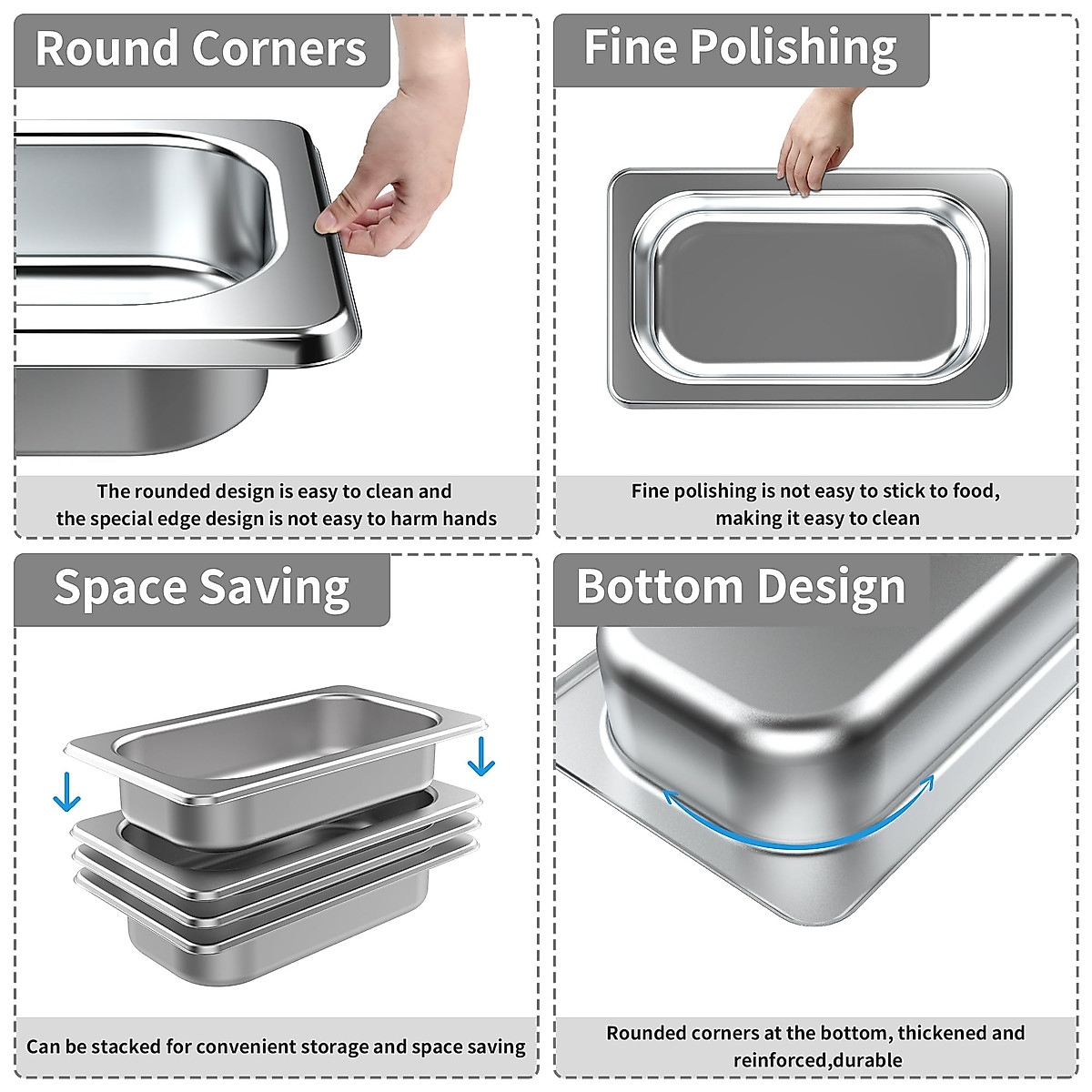 HNEDSEN 6 Pack Stainless Steel Hotel Pan With Lids Full Size 4 Ince Deep Steam Table Metal Food Pan Steamer Trays for Buffet Catering Pans Metal Commercial Kitchen Pans