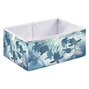Watercolor Sea Turtle Tortoise Foldable Fabric Storage Baskets, Collapsible Organizer Storage Cube for Drawers Organizer,Bedroom,Office,Kids Playroom Toys, 15.7x10.6x7 inches