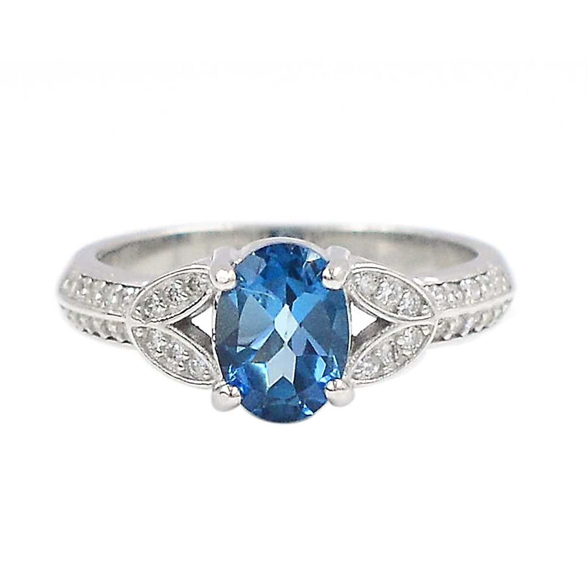 925 Solid Silver Natural London Blue Topaz 8X6 MM Oval Cut December Birthstone Statement Unisex Proposal Ring For Love and Friendship Gift (Rhodium Plated Silver, 6)