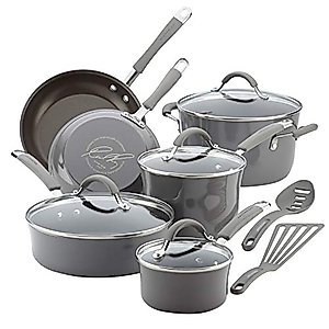 Rachael Ray - 16802 Rachael Ray Cucina Nonstick Cookware Pots and Pans Set, 12 Piece, Sea Salt Gray