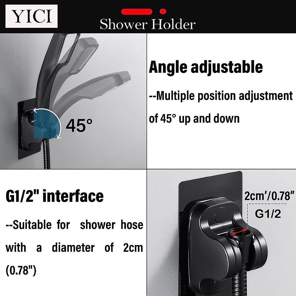 YICI Handheld Shower Bracket Shower Head Holder No Drilling Strong Adhesive Hand Shower Holder Angle Adjustable(Standard Black)