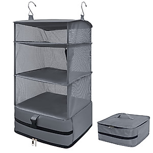 Caroeas Portable Hanging Travel Shelves Bag Suitcase Organizer Carry-on Closet Packing Cubes for Travel, 4-Shelf Suitcase Closet with 2 Hooks, Large Capacity, Gray