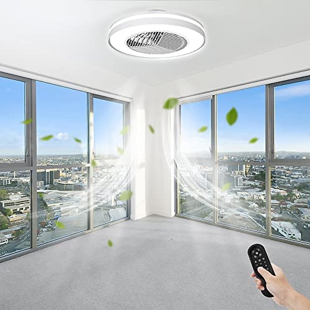Ceiling Fan with Lights Remote Control,Dimmable Fan Lighting, 20'' Enclosed Bladeless Fan, Semi Flush Mount,2.4GHz Wi-Fi Bluetooth & App Controlled Works with Alexa and Google Assistant (Matte White)