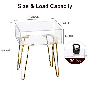 HMYHUM Small Acrylic Nightstand with Metal Legs, 15.6'' L x 11.6'' W x 19.5'' H, Bedside Table for Small Spaces for Bedroom, Easy Assembly, Modern, Clear & Gold