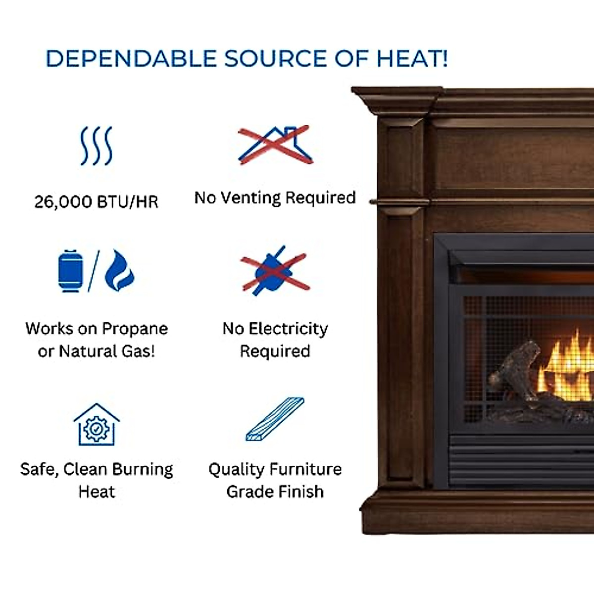 Duluth Forge Dual Fuel Ventless Gas Fireplace System with Mantle, Thermostat Control, 5 Fire Logs, Use with Natural Gas or Liquid Propane, 26000 BTU, Heats up to 1350 Sq. Ft., Gingerbread Finish