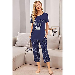 MAXMODA Women's Short Sleeve Capris Pajama Set Sleepwear Pj for Teen Girl Navy Blue L