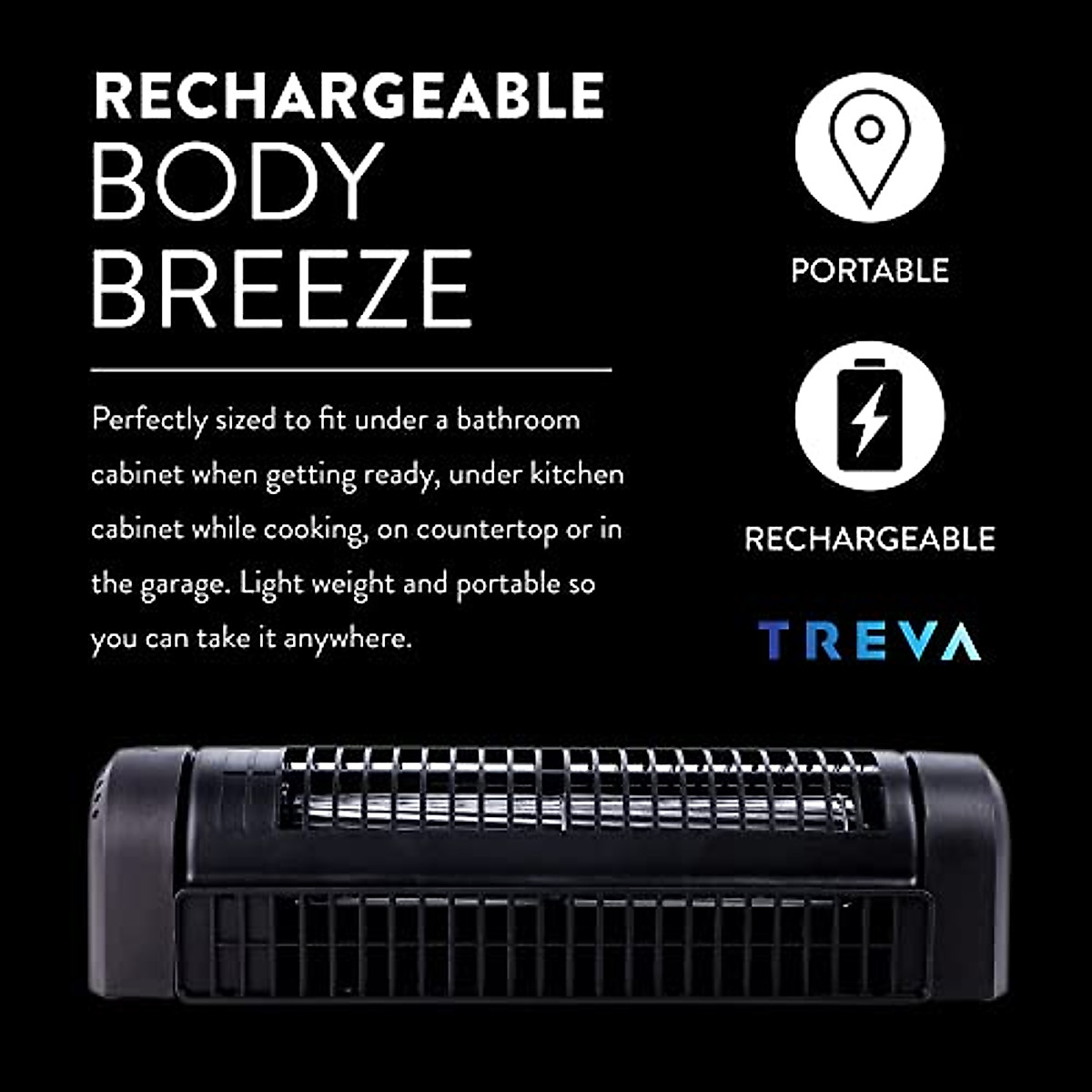 Treva Body Breeze Fan Rechargeable Personal Fan with Wide Cooling Reach, Multi Speed Adjustable and Portable