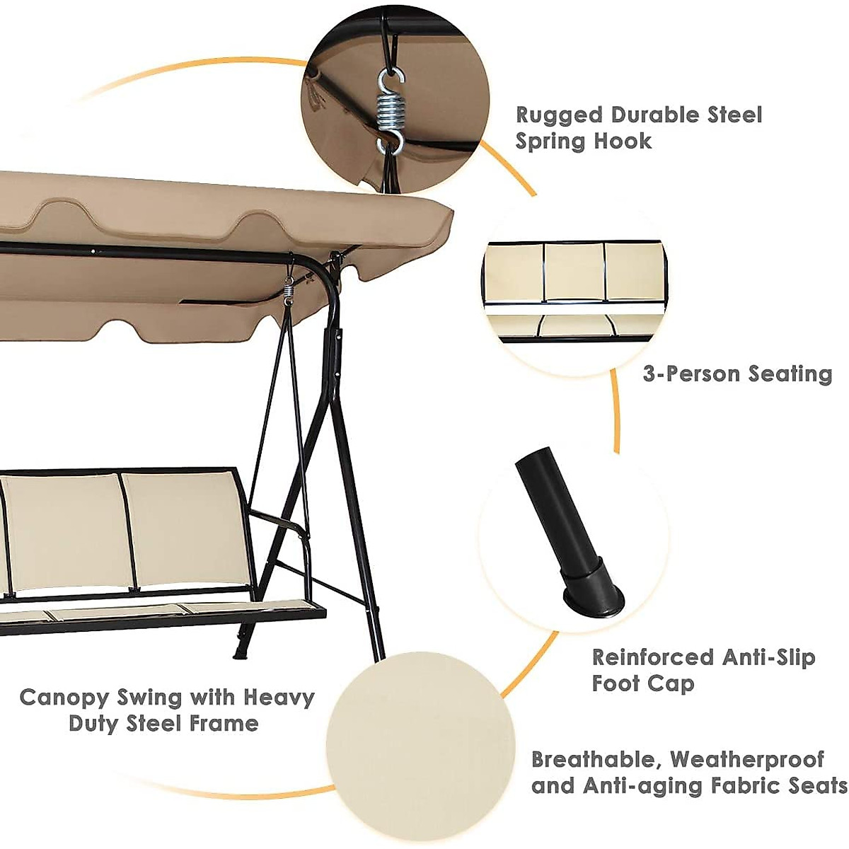 GRAFFY 3-Seat Deluxe Outdoor Swing with Weather Resistant Steel Frame & Polyester Angle Adjustable Tilt Canopy, 3 Person Porch Swing, Suitable for Patio, Garden, Poolside, Balcony, Brown