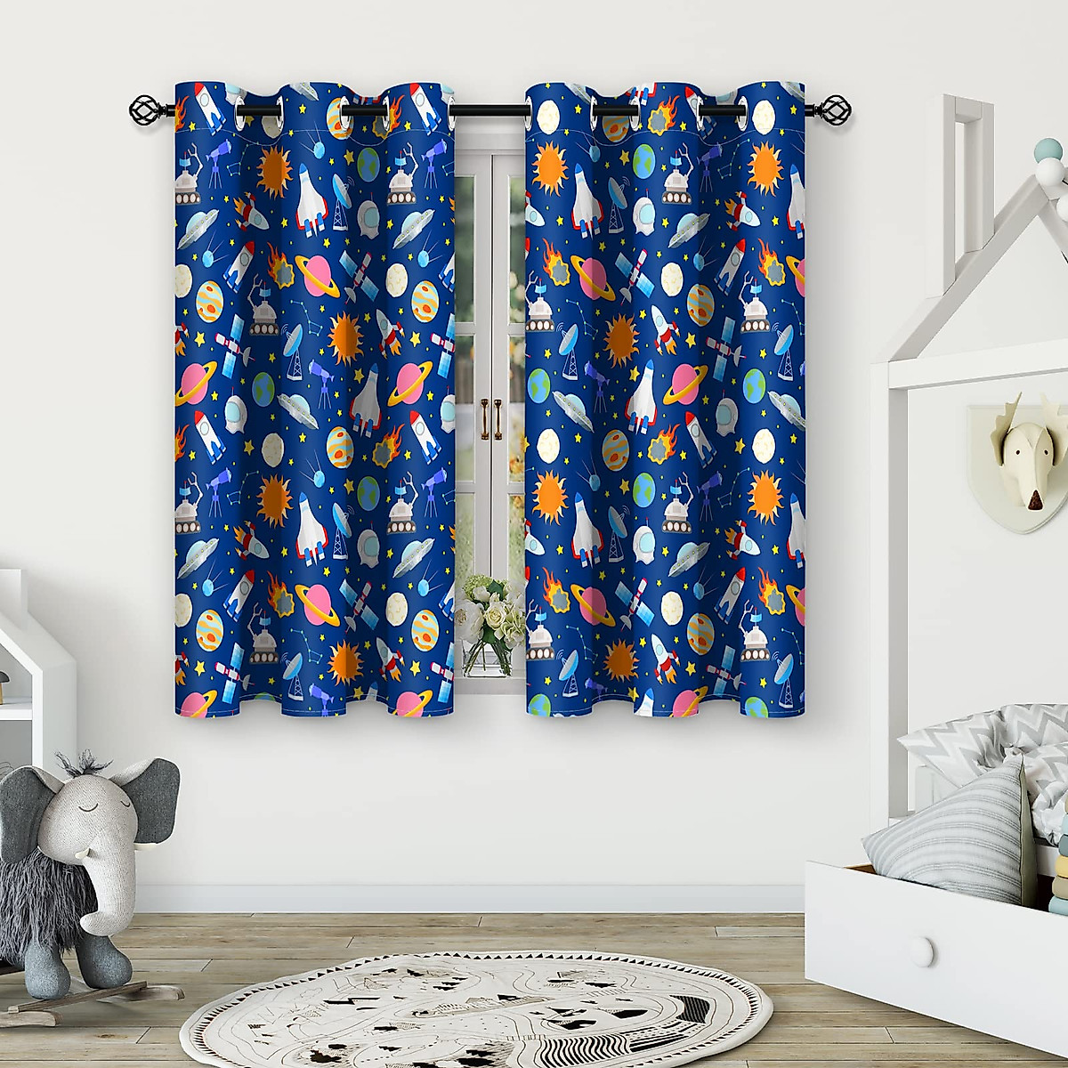 Aimego Outer Space Rocket Spaceship Planet Blackout Curtains for Kids Boys Girls Bedroom Playroom Living Room Decor Sky Universe Grommet Darkening Window Drapes 2 Panels, 42" x 63"