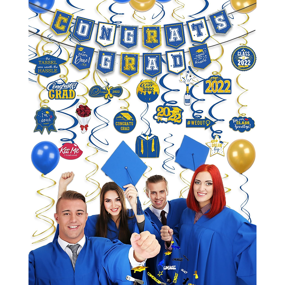 kortes 2022 Blue and Gold Graduation Decorations Kit, Congrats Grad Banner Hanging Swirls Graduations Confetti Balloons for Blue and Gold Grad Graduation Party Decorations Supplies