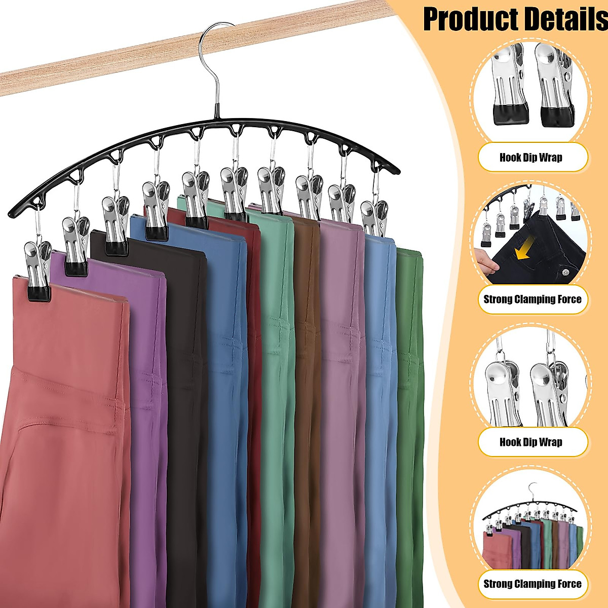 2 Pack Legging Organizer for Closet Hanging, Stainless Steel Clips Hangers for Pants with 10 Clips, Heavey Duty Legging Hangers for Closet Jeans Skirts Bras (Black)