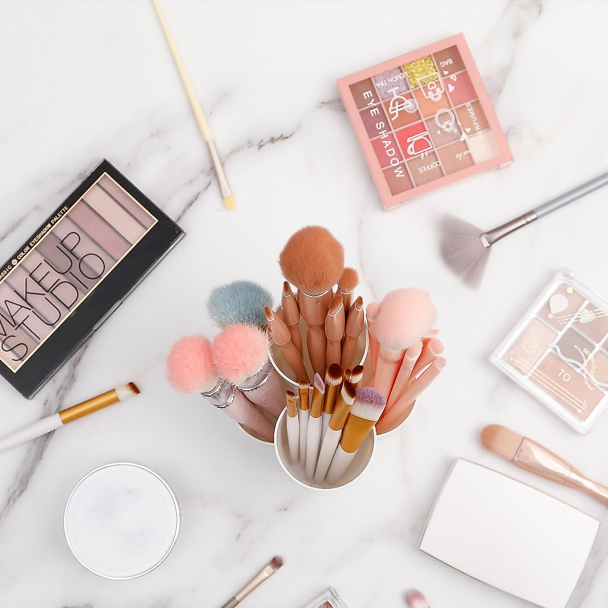 Yesesion Plastic Makeup Brush Holder for Desk, Round Cosmetics Brushes Organizer with 4 Compartment, Storage Cup for Lipsticks, Hair Accessories, Beauty Tool in Vanity, Bathroom, Dresser ( White )