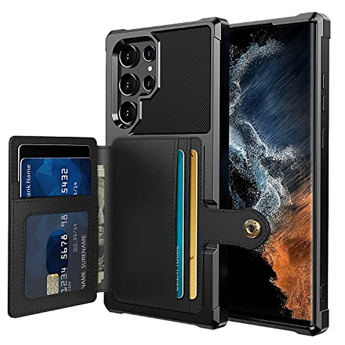 GooseBox for Samsung Galaxy S23 Ultra Wallet Case with Card Holder (5 Cards Slot), S23 Ultra Wallet Case for Women Men& Kickstand Double Layer TPU Heavy Duty Shockproof Rugged Case (Black)