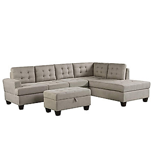 3 Piece Sectional Sofa, L-Shaped Sofa Couch, Living Room Rivet Modern Upholstered Set with Ottoman and Cushions (Gray with Chaise)