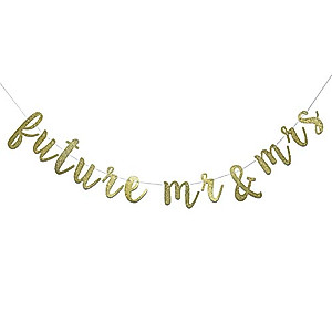 Future Mr & Mrs Banner for Engagement Bridal Shower Bride and Groom Party Decorations Pre-Strung Sign (Gold Glitter)