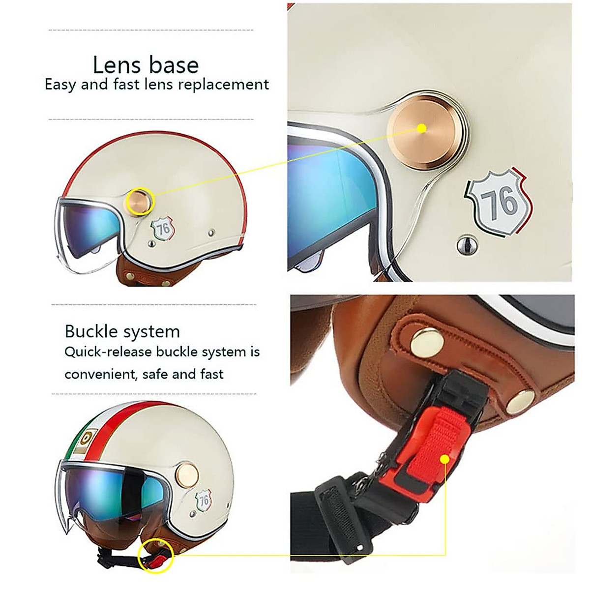 Open Face Helmets Light Breathable Street Sunscreen Moped Half Helmet with Sun Visor Cool Girl Style Retro Vespa Half Helmet for Men and Women Cruiser Scooter ATV, DOT Approved -E-L