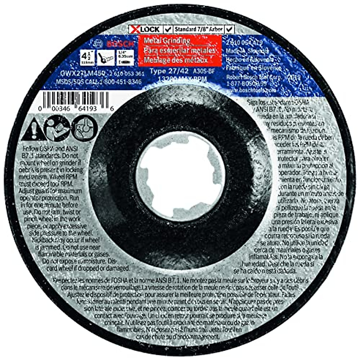 Bosch GWX10-45E 4-1/2 In. X-LOCK Ergonomic Angle Grinder with Bosch GWX27LM450 4-1/2 In. x 1/4 In. X-LOCK Arbor Type 27 30 Grit Metal Grinding Abrasive Wheel