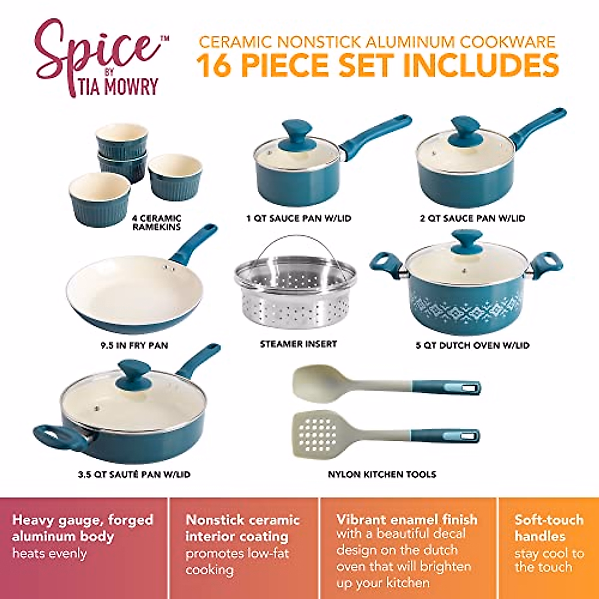 Spice by Tia Mowry Savory Saffron 16-Piece Healthy Nonstick Ceramic Cookware Set - Teal
