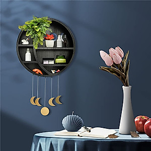 8PCS Black Moon Shelf with Plants, 5Hanging Moons and Swam|14”Crescent Moon Shelf for Crystals Stone, Essential Oil, Plant and Art| Crystal Holder Farmhouse Shelves, Wooden Hanging Floating Shelves