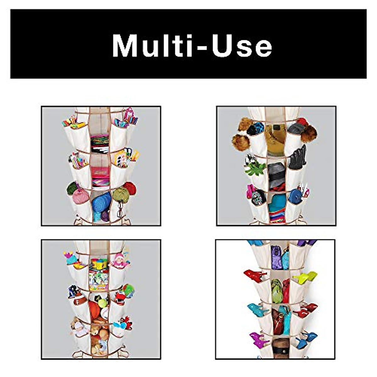 Smart Design 5-Tier Smart Carousel Organizer w/ 40 Pockets & Steel Metal Hook - 360 Degree Swivel - Heavy Duty Fabric - Clothing, Shoes, Misc. Item - Home Organization (13 x 51.8 Inch) [Beige]