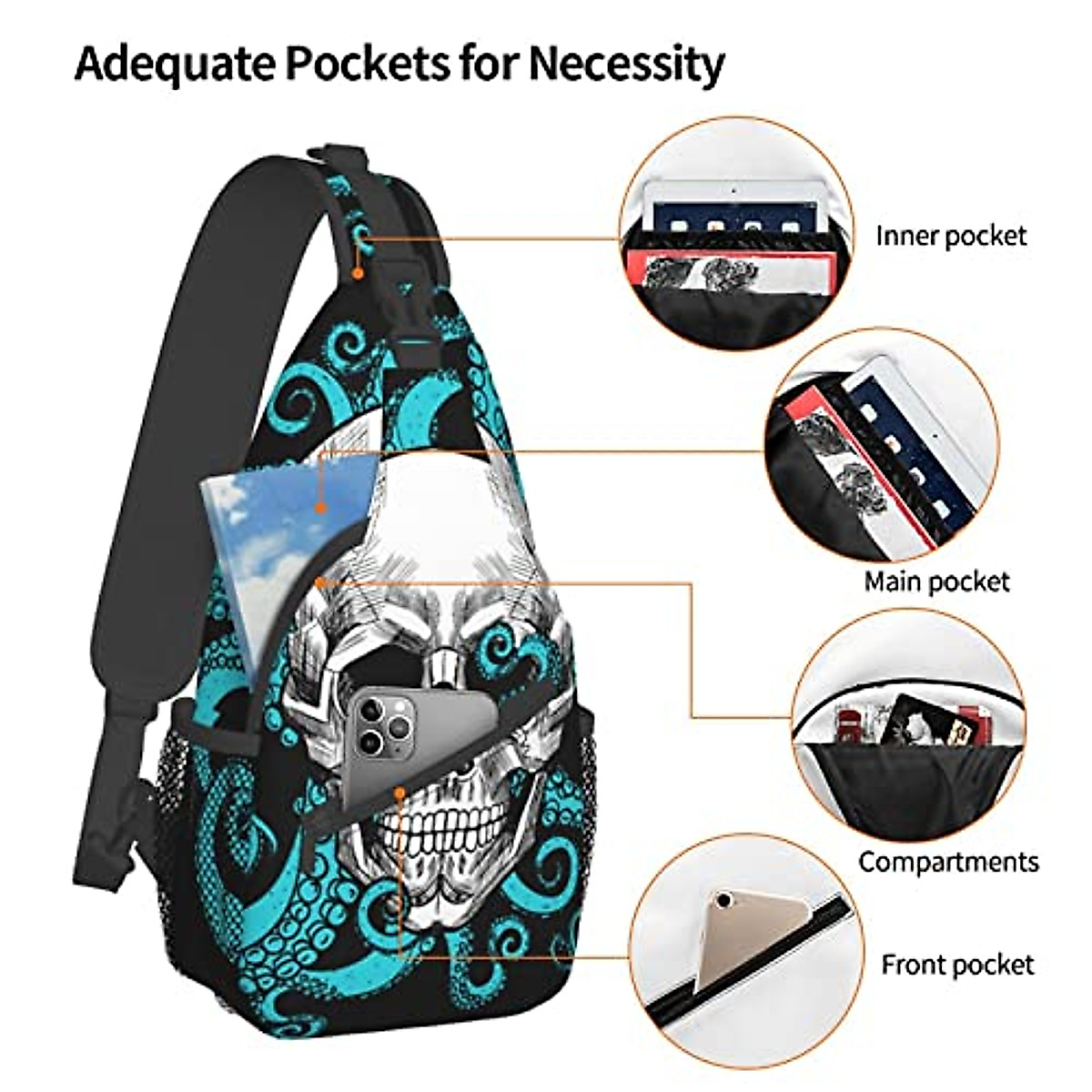 Yrebyou Octopus and Skull Sling Bag Women Crossbody Chest Backpack Hiking Daypack Men Travel Casual Rideing Outdoor Beach