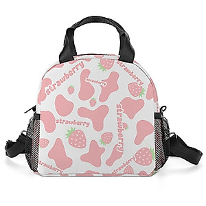 Fashion Insulation Strawberry Lunch Bag with Shoulder Strap Durable Pink Cow Print Lunch Box Waterproof Lunch Tote Bag with Pockets for Girl Women