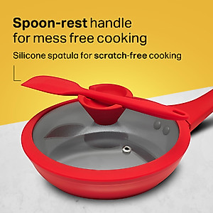 NATIVO Ceramic Nonstick Frypan Skillet, 7 inch Nontoxic Fry Pan with Ergonomic Handle, Spoon Rest Knob, Perfect Seal Lid, Egg frying pan, Omelet Pan with Silicone Spatula (RED)