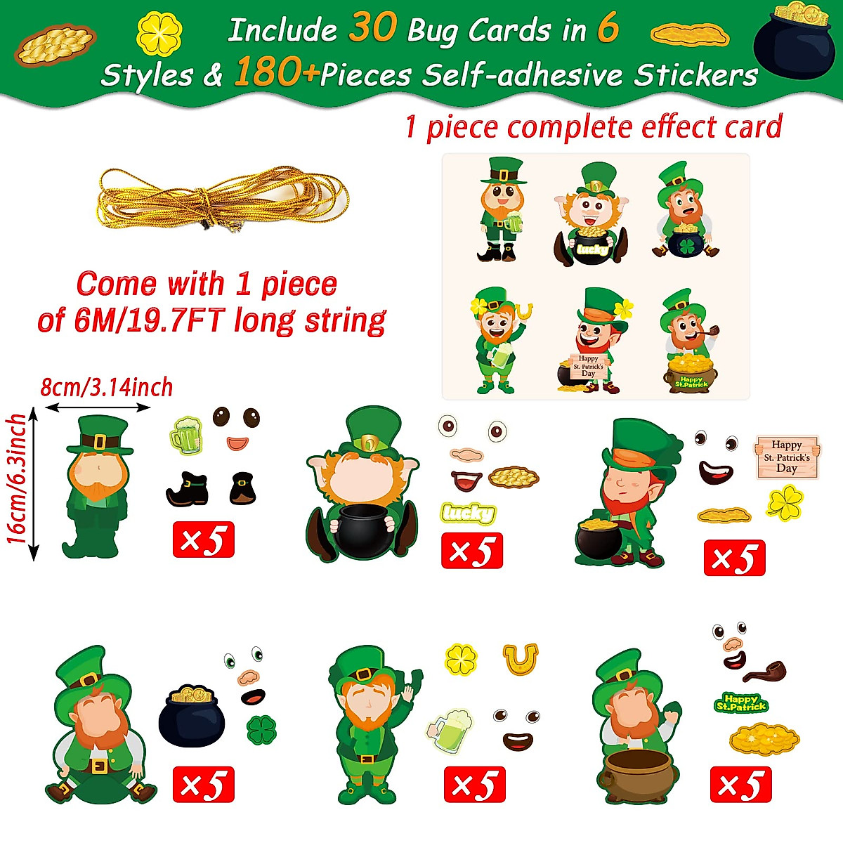 chiazllta 30 Packs St. Patrick's Day Craft Kits DIY Leprechauns Art Craft for Preschool Kids, St. Patrick’s Day Make Your Own Leprechauns Paper Craft Set for Home Class Game Activities Kindergarten