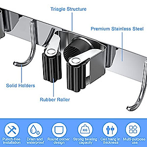 Bugu Bird Broom organizer wall mount，2pcs Mop and Broom Holder Wall Mount ,broom hanger ,Stainless Steel Heavy Duty Hooks Self Adhesive Hanger for Home Goods（ Grey