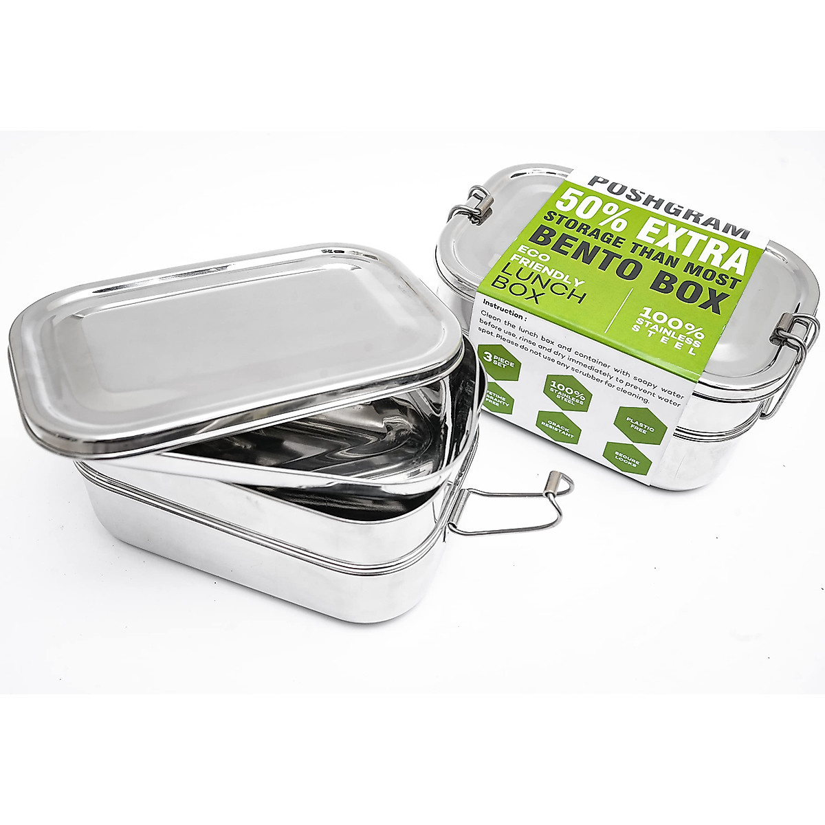 POSHGRAM Eco-Friendly STAINLESS STEEL BENTO BOX for adults and kids, 3-Tier Lunch Box For adults and kids, Size 6.4 * 4.4 * 3.3 (Inches)
