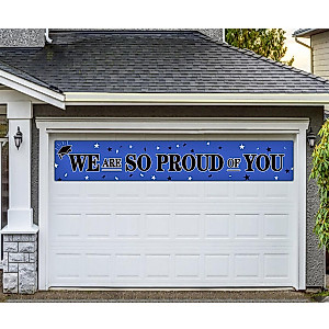 Large We are So Proud of You Banner, 2023 Graduation Party Supplies Decorations, 2023 Congratulations Banner, Congrats Banner, Graduation Decoration Blue and Black, Outdoor Indoor (9.8 x 1.6 feet)