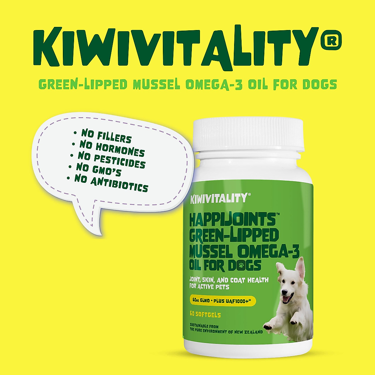 KiwiVitality HappiJoints Green-Lipped Mussel Omega-3 Oil for Dogs (60 Softgels)