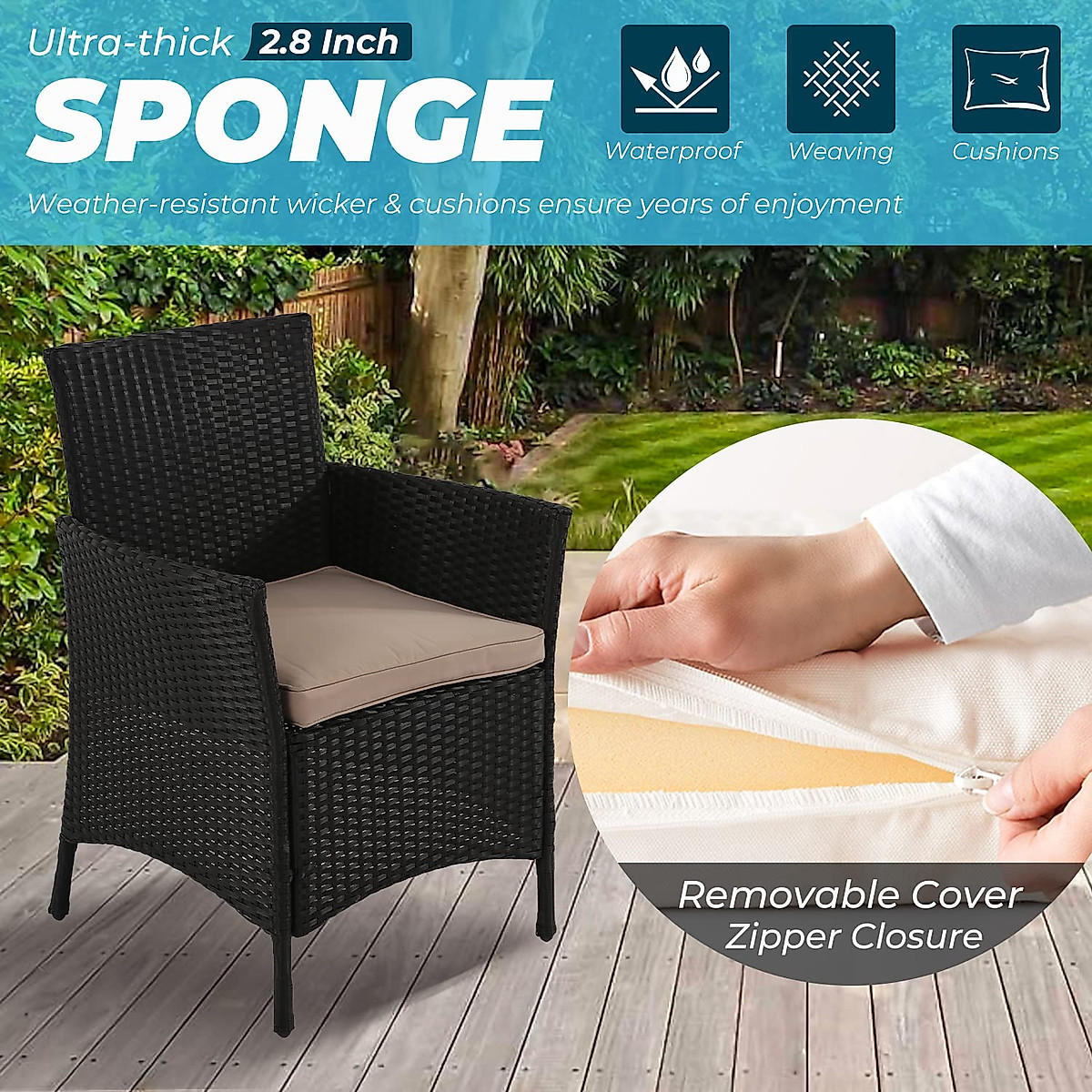 MGHH Patio Furniture Set 4 Pieces Outdoor Furniture Wicker Patio Conversation Sets Rattan Chairs with Soft Cushion and Glass Table for Pool Backyard Garden Balcony Porch Small Space,Black and Khaki