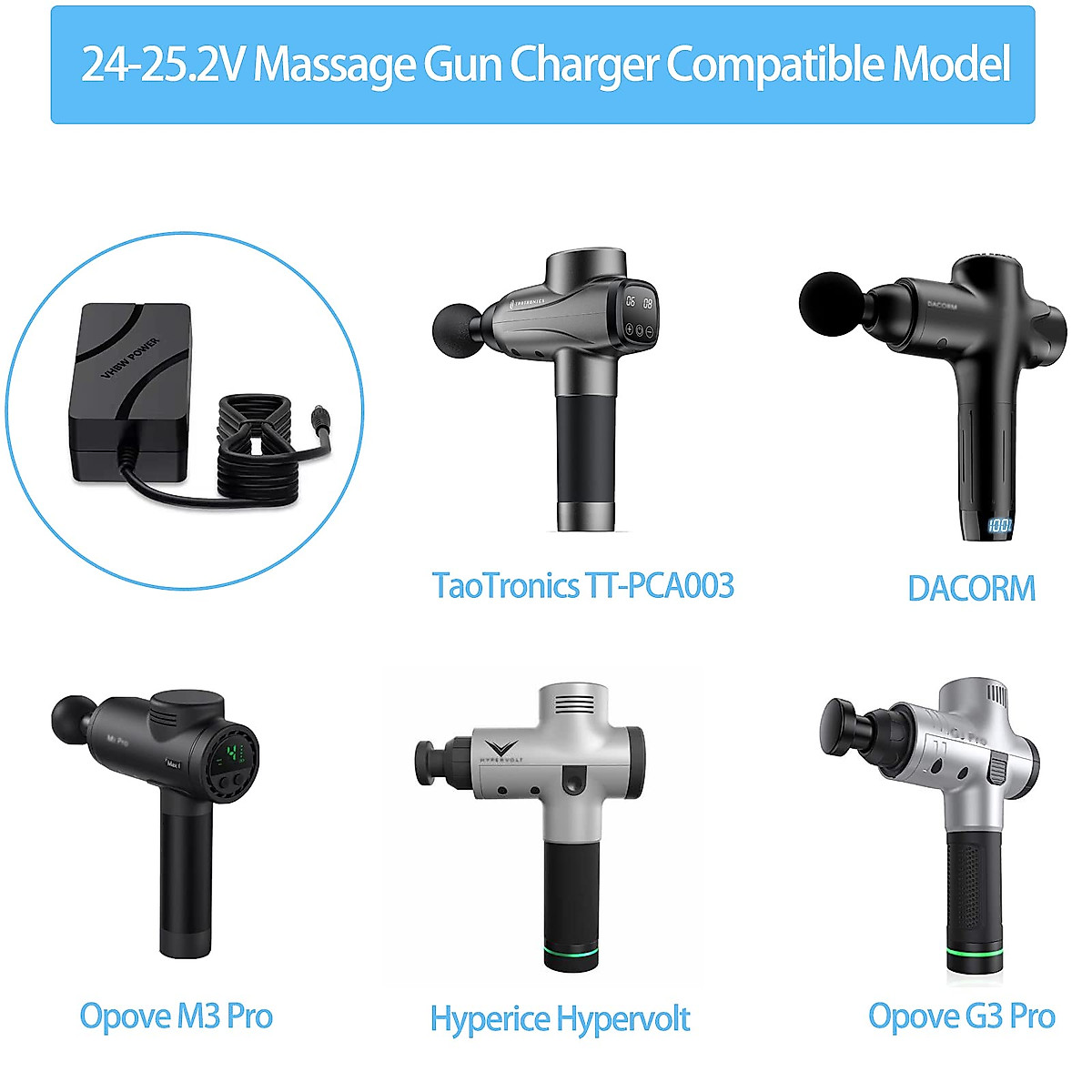 24-25.2V Massage Gun Charger for TaoTronics TT-PCA003,TOLOCO EM26 T11 Pro, Opove M3 Pro, Opove G3 Pro, Hyperice Hypervolt Muscle Power Cord