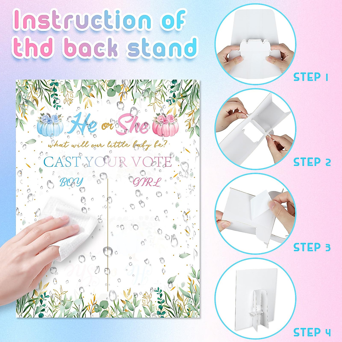 Whaline Fall Pumpkin Gender Reveal Board with Stand What Will Our Little Baby Be Eucalyptus Leaf Gender Reveal Game with Voting Stickers for Autumn Baby Shower Supplies