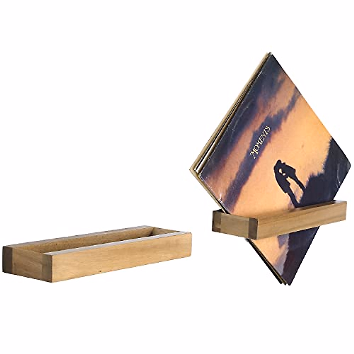 MyGift Natural Solid Acacia Wood Vinyl Album Record Holder Storage Shelf, Wall Display Rack with Angle Design, Set of 2