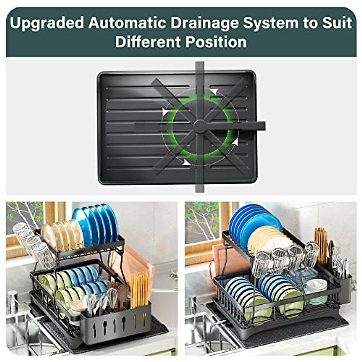 Dish Drying Rack, Detachable 2 Tier Dish Rack and Drainboard Set, Large Capacity Dish Drainer Organizer Shelf with Utensil Holder, Cup Rack, Extra Drying Mat for Kitchen Counter, Black