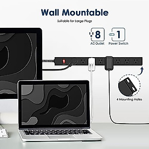 Metal 8 Outlet Mountable Power Strip with Switch,Wide Spaced Heavy Duty Wall Mount Power Strip Surge Protector 1200J,6FT 14AWG Braided Cord 15A 125V 1875W for Home Office Industrial Garage Commercial