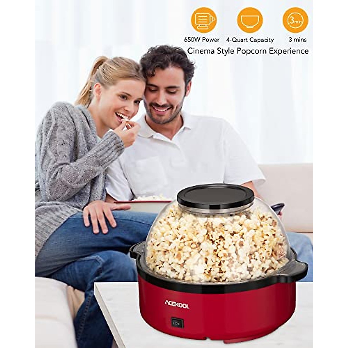 Upgraded, ACEKOOL Popcorn Maker, Multifunctional Popcorn Popper Machine with Nonstick Plate & Stirring Rod, Stir Crazy Popcorn Popper with Large Lid for Serving Bowl and Two Measuring Spoons
