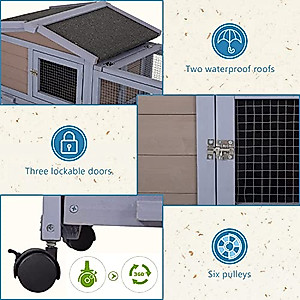 Wood Rabbit Hutch Rabbit Cage Bunny Hutch Rolling Large Bunny Cage Indoor Outdoor Two Story Guinea Pig Hutch Rabbit House with Wheels&Waterproof Roof,Grey